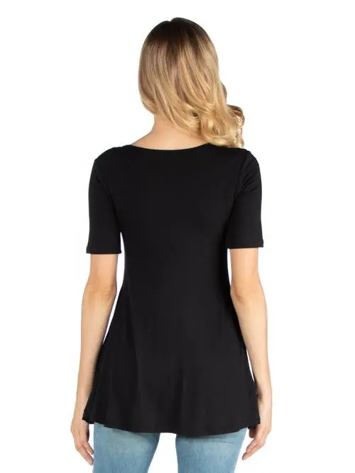 24SEVEN COMFORT APPAREL Maternity Elbow Sleeve Tunic Top With Button Detail - Black