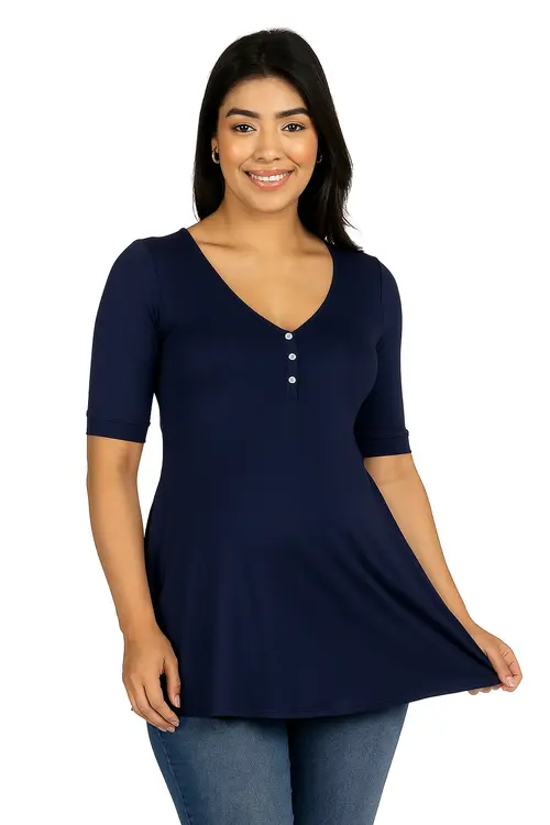 24SEVEN COMFORT APPAREL Maternity Elbow Sleeve Tunic Top With Button Detail - Navy