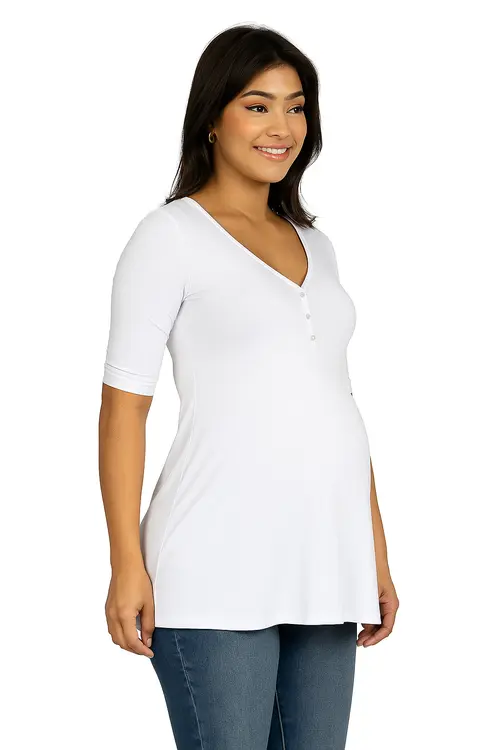 24SEVEN COMFORT APPAREL Maternity Elbow Sleeve Tunic Top With Button Detail - White