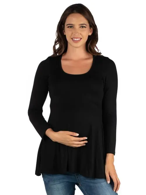 24SEVEN COMFORT APPAREL Maternity Long Sleeve Swing Tunic Top - Black
