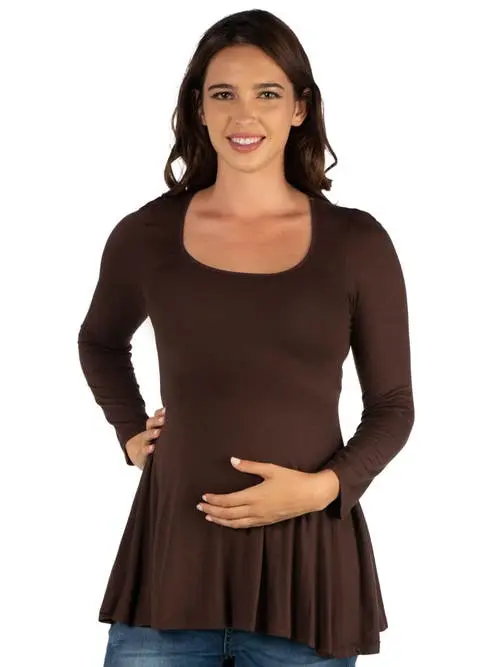24SEVEN COMFORT APPAREL Maternity Long Sleeve Swing Tunic Top - Brown