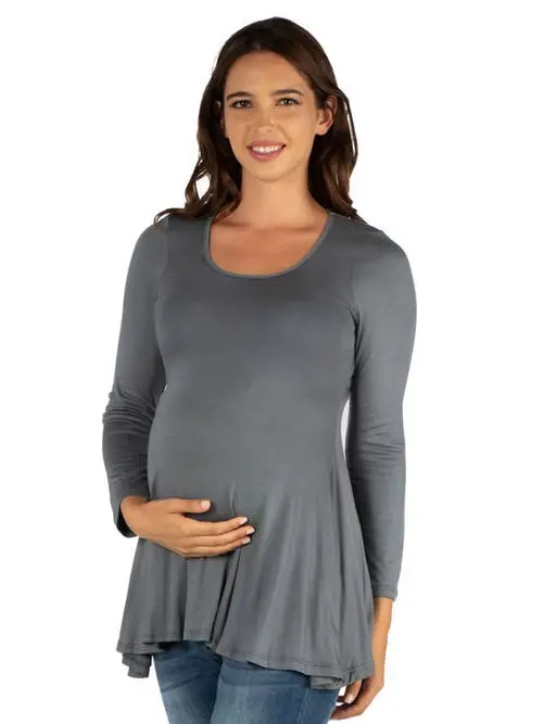 24SEVEN COMFORT APPAREL Maternity Long Sleeve Swing Tunic Top - Charcoal