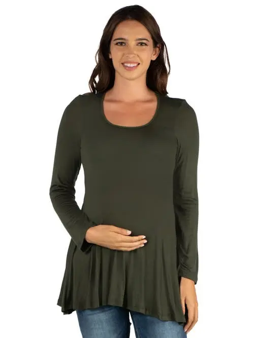 24SEVEN COMFORT APPAREL Maternity Long Sleeve Swing Tunic Top - Olive