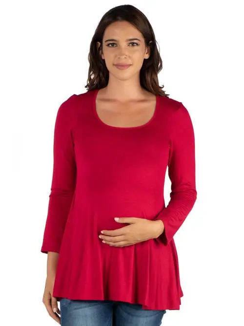 24SEVEN COMFORT APPAREL Maternity Long Sleeve Swing Tunic Top - Red