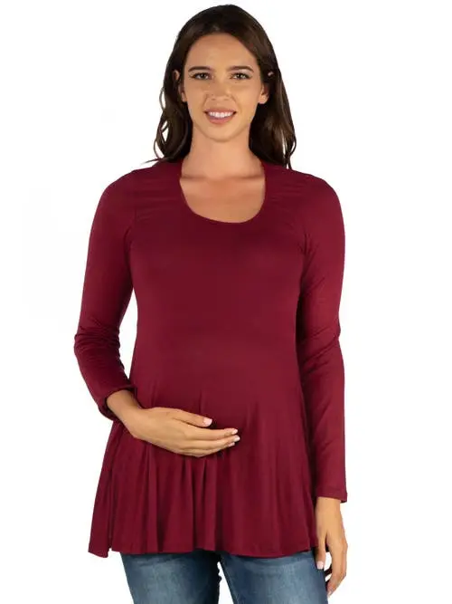 24SEVEN COMFORT APPAREL Maternity Long Sleeve Swing Tunic Top - Wine