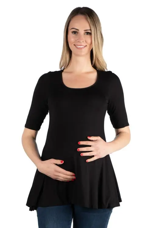 24SEVEN COMFORT APPAREL Maternity Elbow Swing Tunic Top - Black
