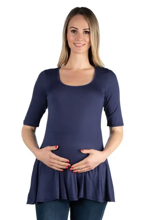 24SEVEN COMFORT APPAREL Maternity Elbow Swing Tunic Top - Navy