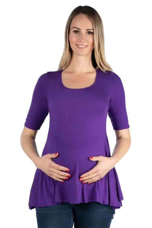 24SEVEN COMFORT APPAREL Maternity Elbow Swing Tunic Top - Purple
