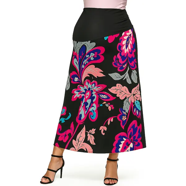 24SEVEN COMFORT APPAREL Maternity Paisley A-line Maxi Skirt - Pink Multi