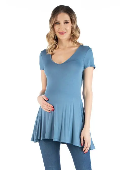 24SEVEN COMFORT APPAREL Maternity Short Sleeve Flared Tunic Top - Blue