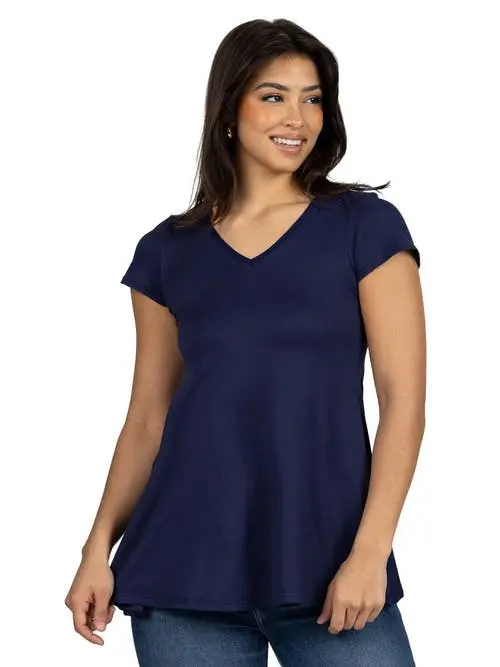 24SEVEN COMFORT APPAREL Maternity Short Sleeve Flared Tunic Top - Navy