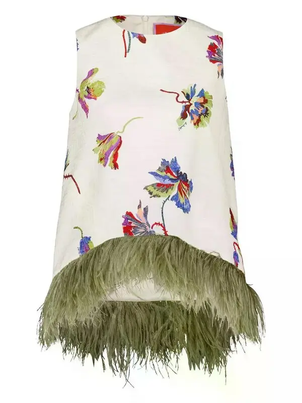 La DoubleJ Feather-trim Floral-print Top - White