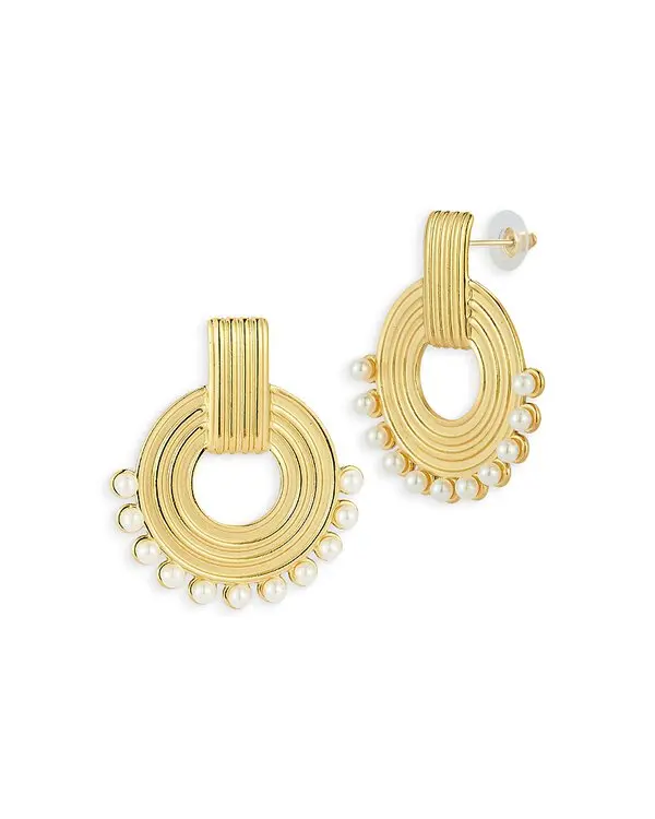 Aqua Imitation Pearl Ribbed Hoop Drop Earrings - Gold