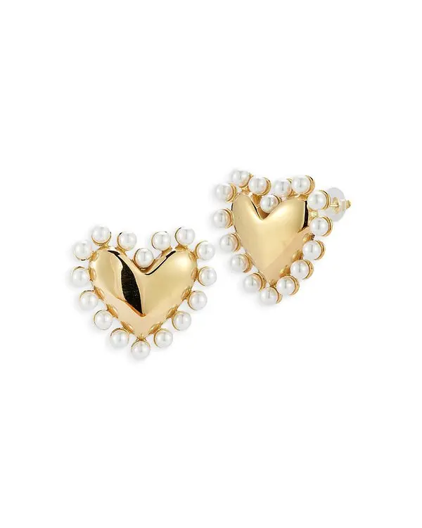 Aqua Imitation Pearl Heart Stud Earrings - Gold