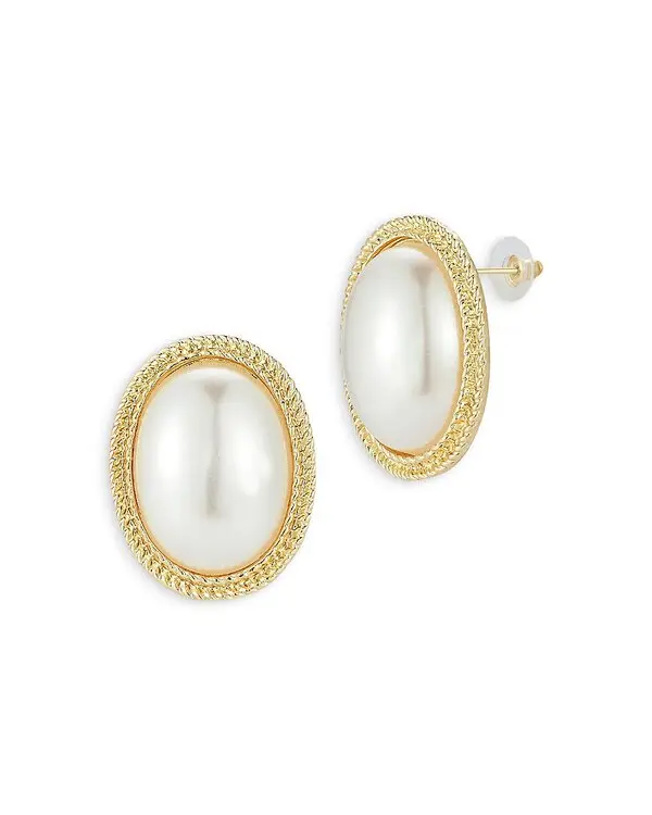 Aqua Oval Imitation Pearl Stud Earrings - Gold