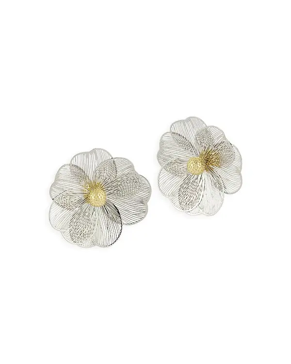 Aqua Flower Statement Stud Earrings - Two Tone
