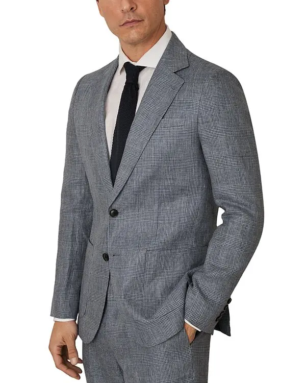 REISS Slim Fit Prince Of Wales Check Linen Blazer - Soft Blue