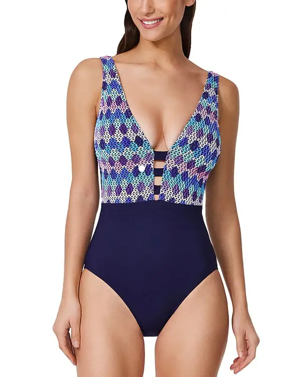 GOTTEX Retro Riviera Deep V-neck Halter One-piece Swimsuit - Blue Multi