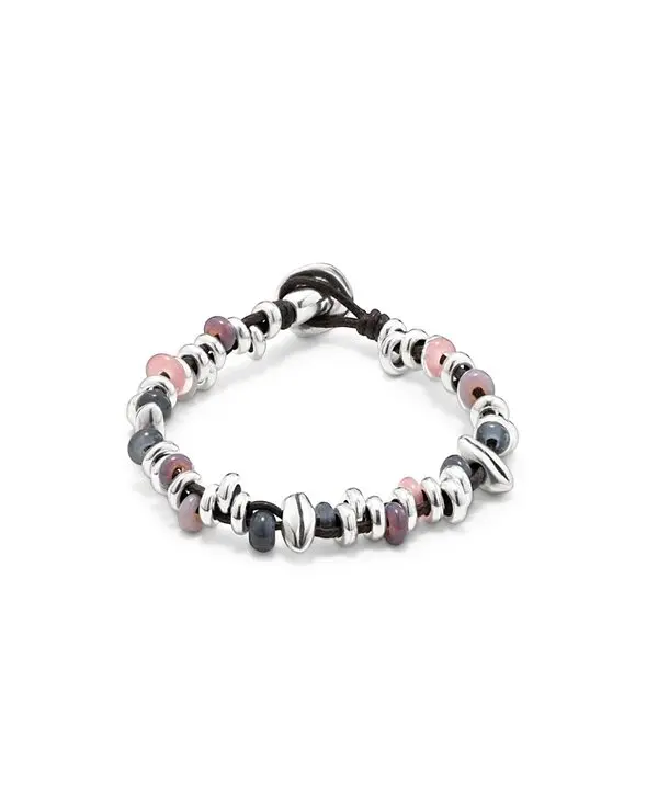 UNODE50 Sterling-plated Beaded Leather Bracelet - Silver