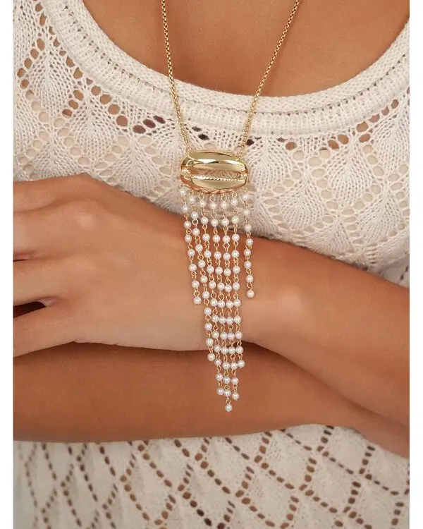 Ettika Mykonos Shell Imitation Pearl Fringe Pendant Necklace