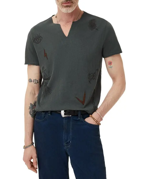 John Varvatos Regular Fit Embroidered Raw Edge V Neck Tee