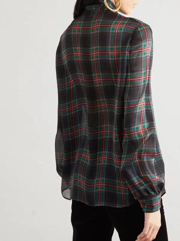 Saint Laurent Pussy-bow Checked Silk-chiffon Blouse