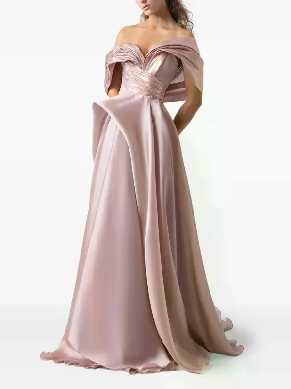 GABY CHARBACHY Pleated Off-shoulder Evening Gown