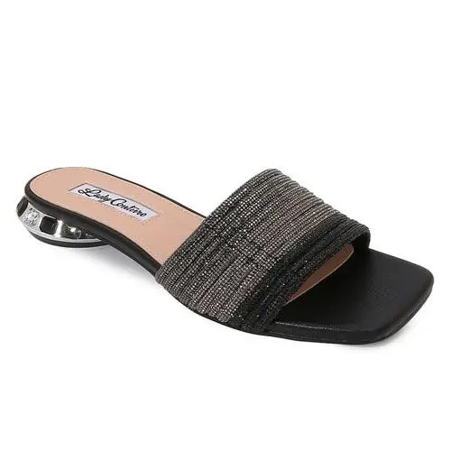 LADY COUTURE Rhinestone Straps Slide With Jewel Heel - Black Multi