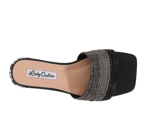 LADY COUTURE Rhinestone Straps Slide With Jewel Heel - Black Multi