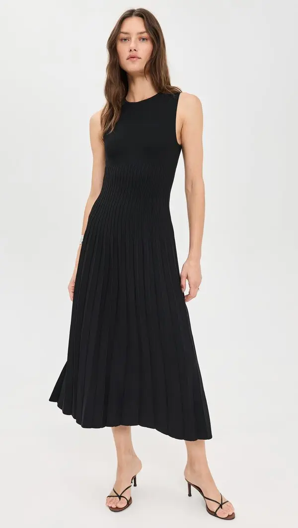 Staud Elyse Ribbed Waist Pleated Knit Dress - Black