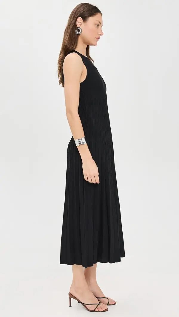 Staud Elyse Ribbed Waist Pleated Knit Dress - Black