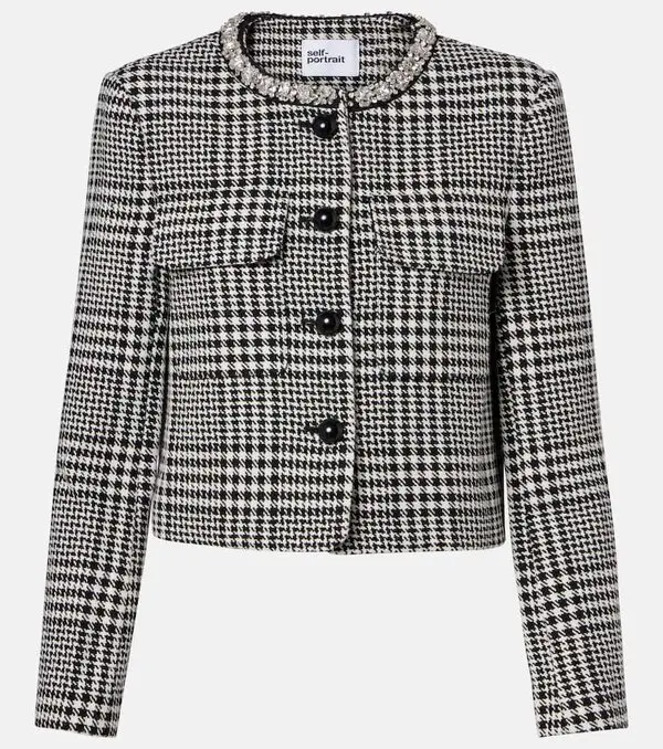 SELF-PORTRAIT Embellished Houndstooth Cropped Jacket - Black