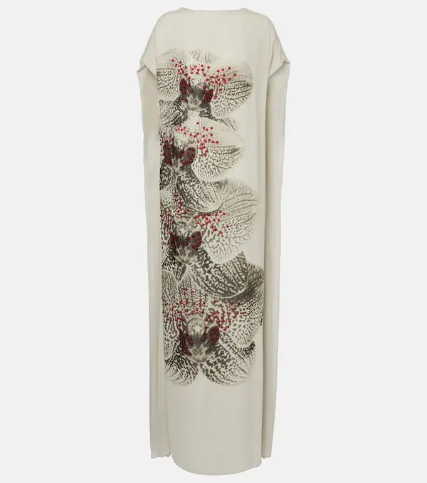Dries Van Noten Beaded Printed Silk Georgette Gown - White