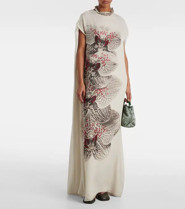 Dries Van Noten Beaded Printed Silk Georgette Gown