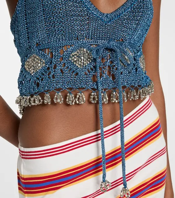 Rabanne Embellished Crochet Halter Top - Blue
