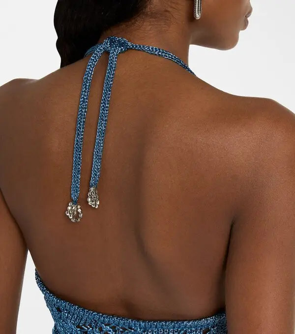 Rabanne Embellished Crochet Halter Top - Blue