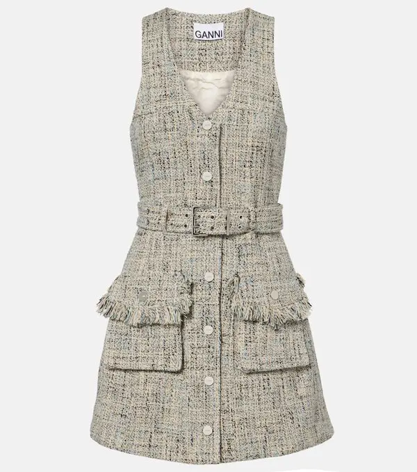 GANNI Belted Tweed Mini Dress - Grey