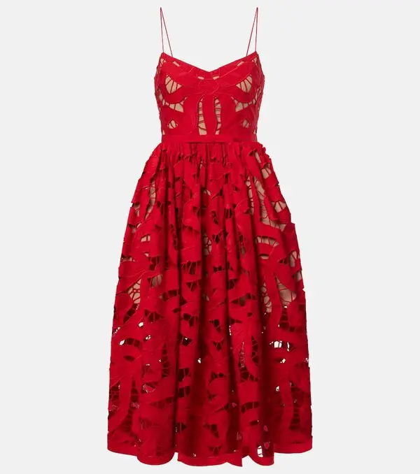 SELF-PORTRAIT Bow Lace Linen And Cotton Midi Dress - Red