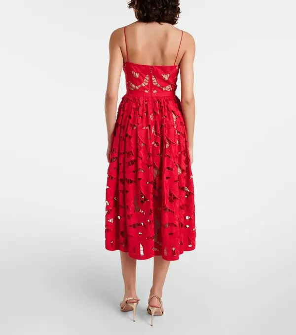 SELF-PORTRAIT Bow Lace Linen And Cotton Midi Dress - Red