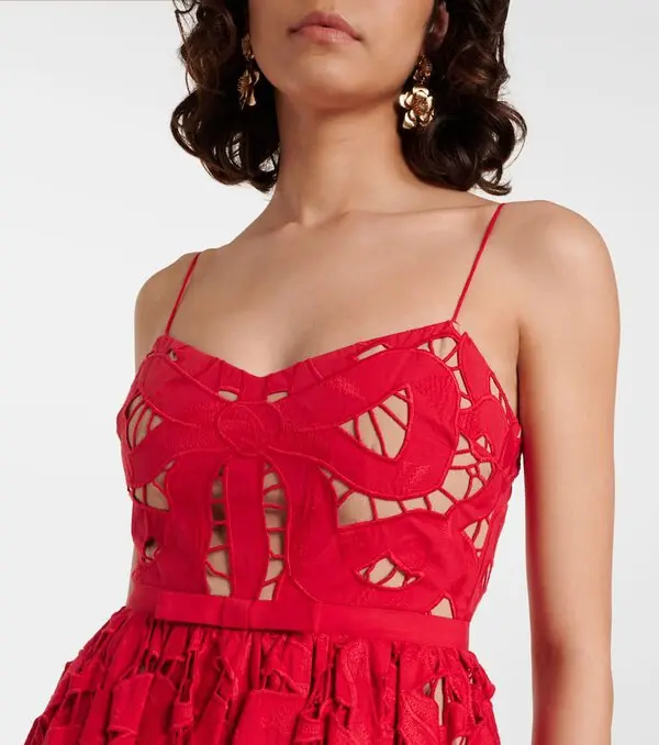 SELF-PORTRAIT Bow Lace Linen And Cotton Midi Dress - Red