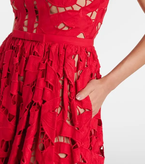 SELF-PORTRAIT Bow Lace Linen And Cotton Midi Dress - Red