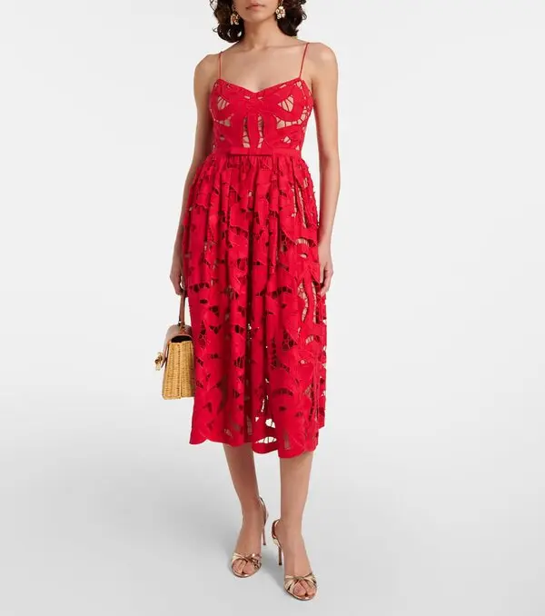 SELF-PORTRAIT Bow Lace Linen And Cotton Midi Dress - Red