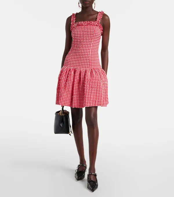 GANNI Seersucker Ruffled Mini Dress - Red