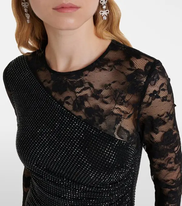 SELF-PORTRAIT Rhinestone Lace-trimmed Gown - Black