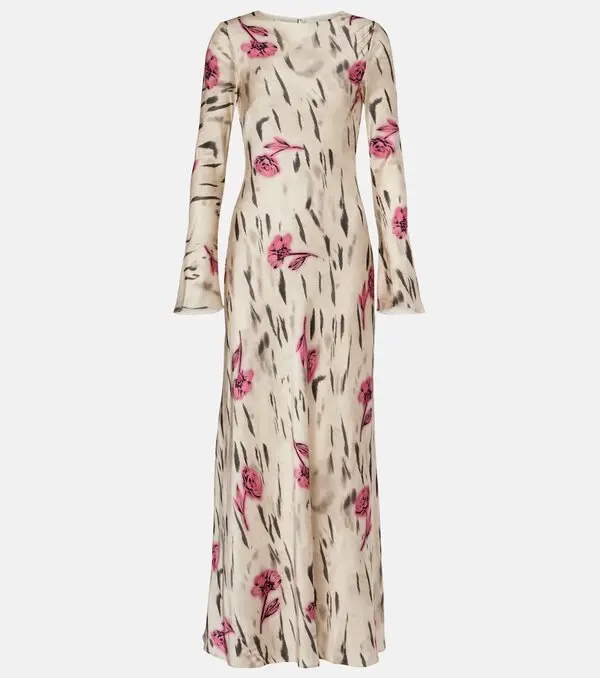 GANNI Floral Open-back Satin Maxi Dress - Beige