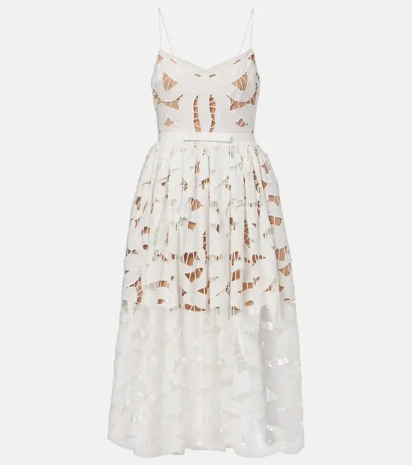 SELF-PORTRAIT Bow Lace Linen And Cotton Midi Dress - White