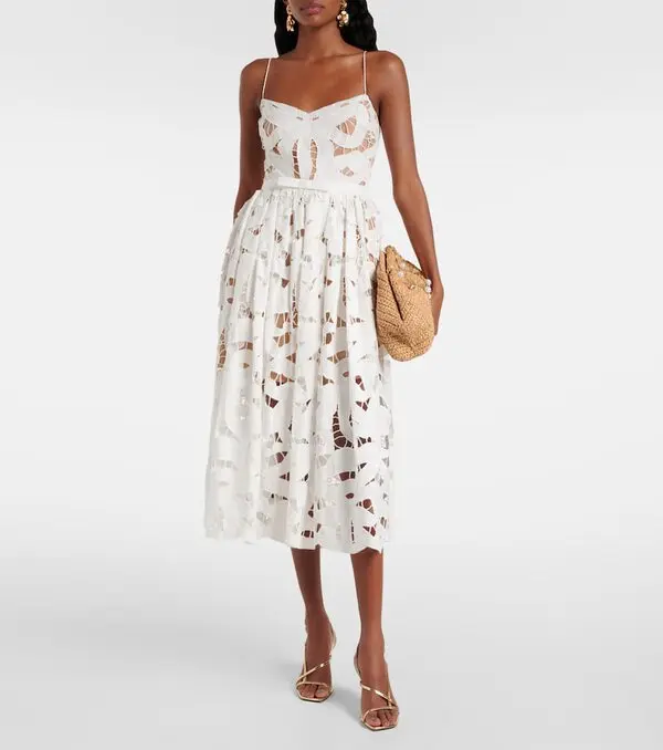 SELF-PORTRAIT Bow Lace Linen And Cotton Midi Dress - White