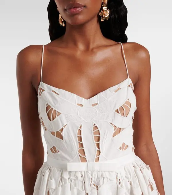 SELF-PORTRAIT Bow Lace Linen And Cotton Midi Dress - White