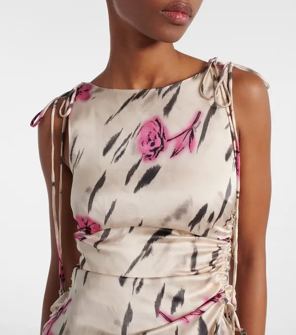 GANNI Floral Ruched Satin Top - Beige