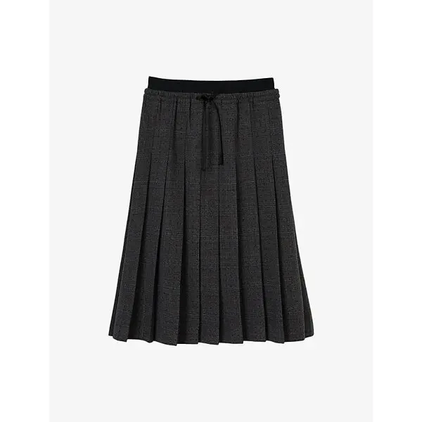 Sandro Drawstring-waist Pleated Checked Midi Skirt